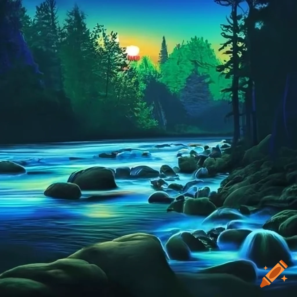 Mystical willamette river design with glowing water, whimsical boats ...