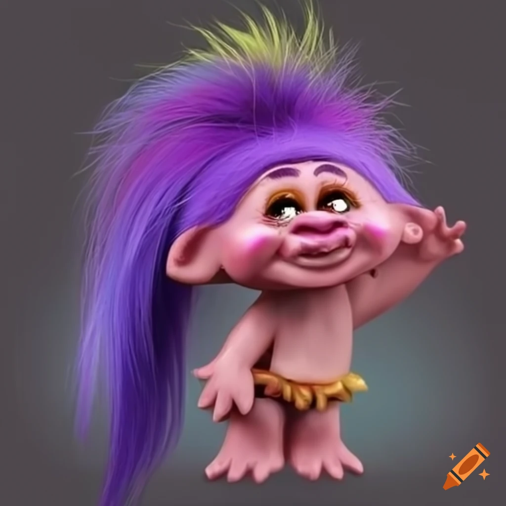 Cute troll with droopy ears and long purple hair on Craiyon