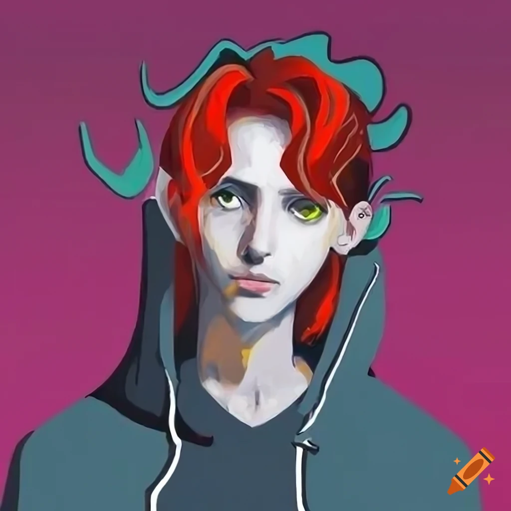 Minimalist black and white design of a male character with red hair and ...