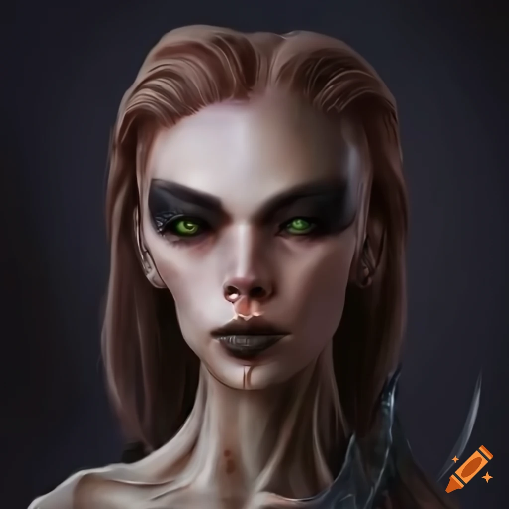 Glamorous alien female warrior with long nose and energy weapon in a ...