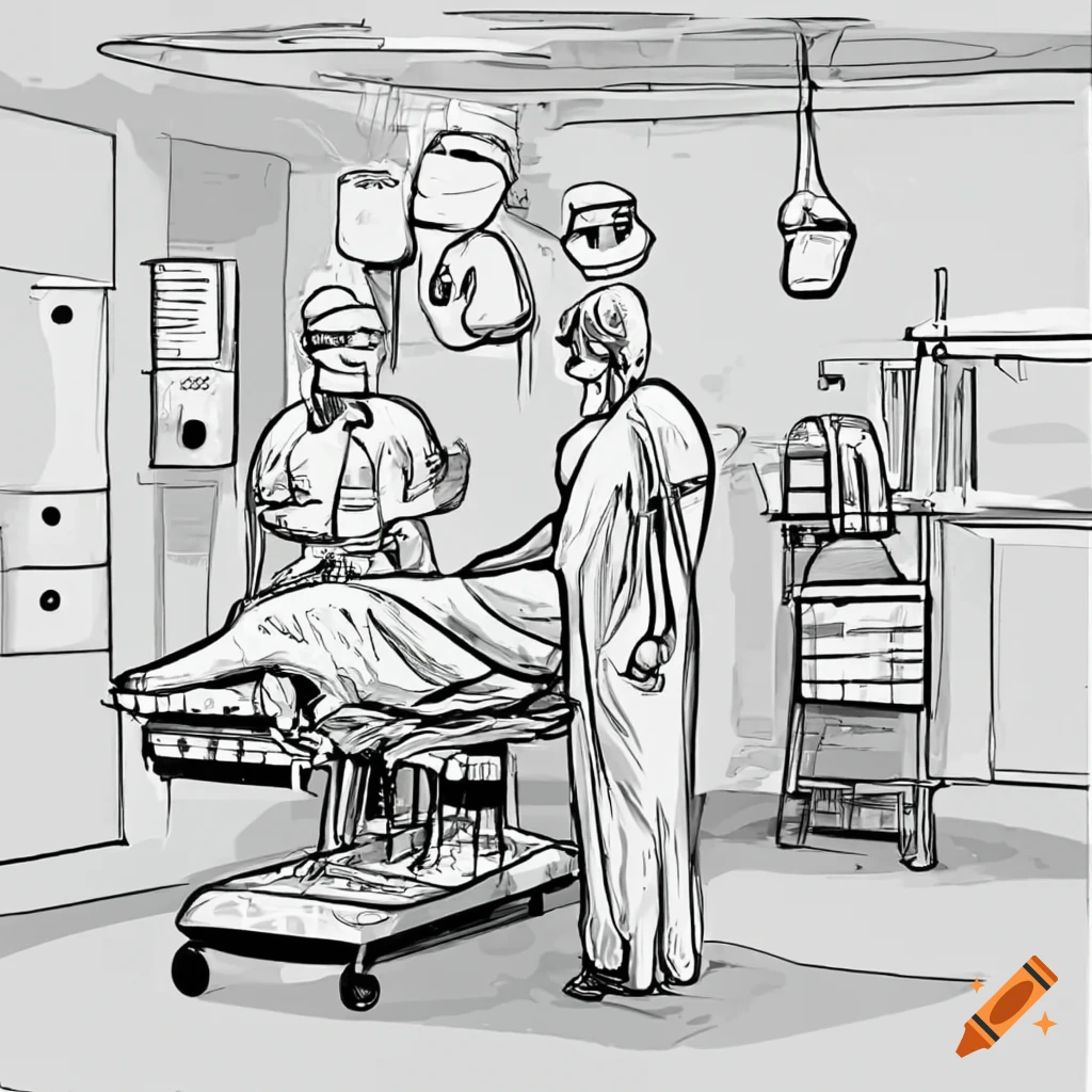 Operating room scene with doctors, nurses, and patient in black and ...