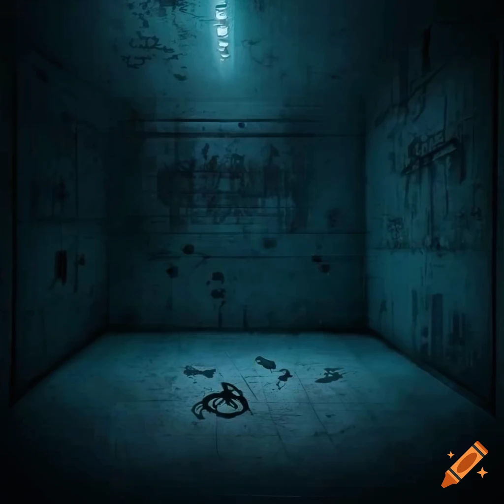 Interior of hidden room beneath a prison with a table, realistic view ...