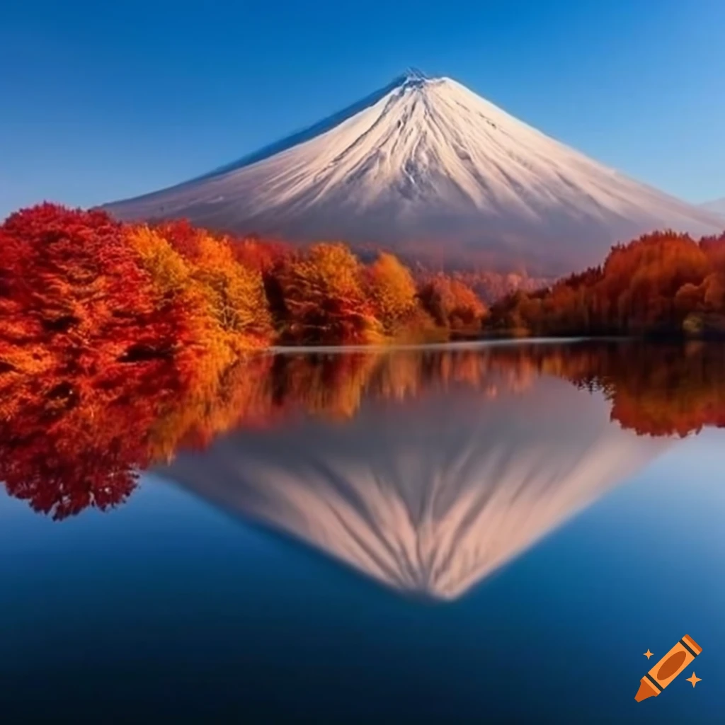 Colorful autumn scene at lake kawaguchiko in japan with mount fuji and vibrant red maple leaves ...