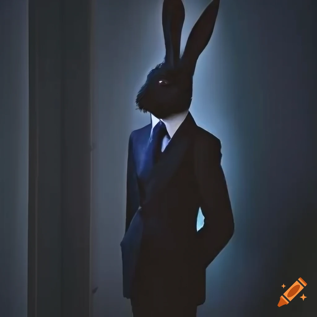 Mysterious figure with black rabbit head in a dimly lit hallway on Craiyon