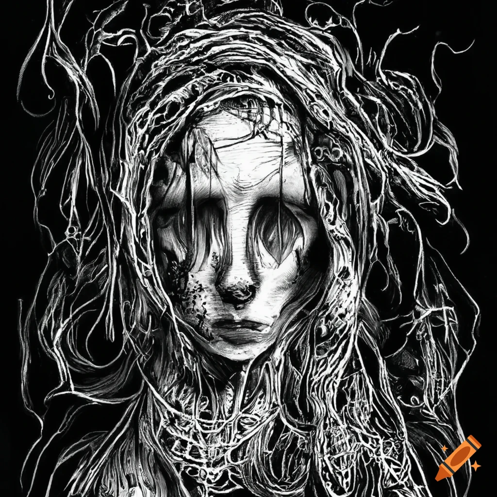 Intricate black and white ink drawing of tormented ghost with anxiety ...