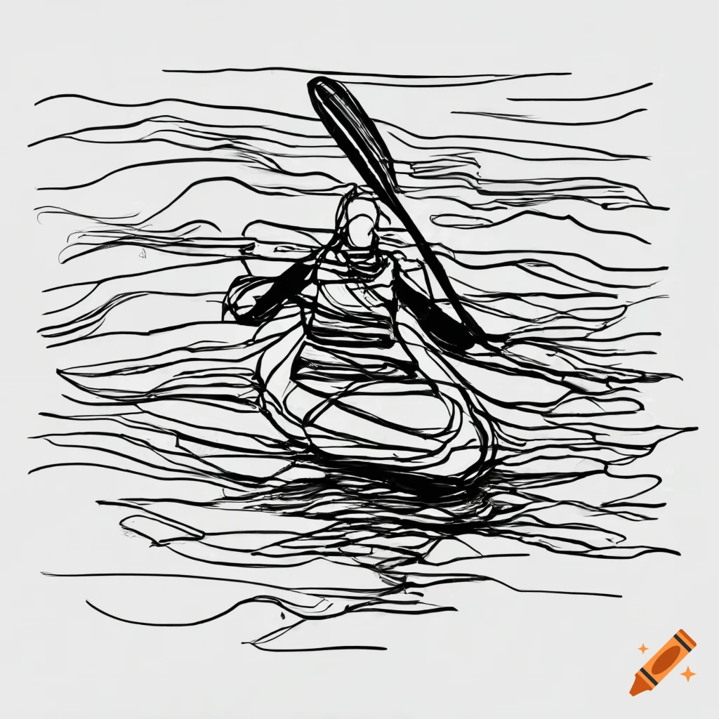 Abstract black and white ink pen drawing of a kayaker kayaking down a ...