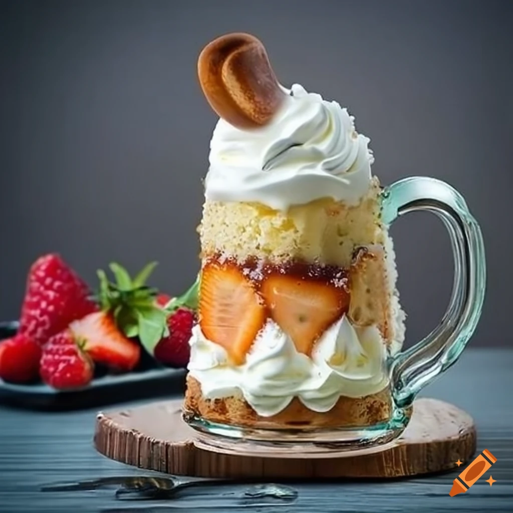 Glass tankard of ale cake with cream and fruit toppings on Craiyon
