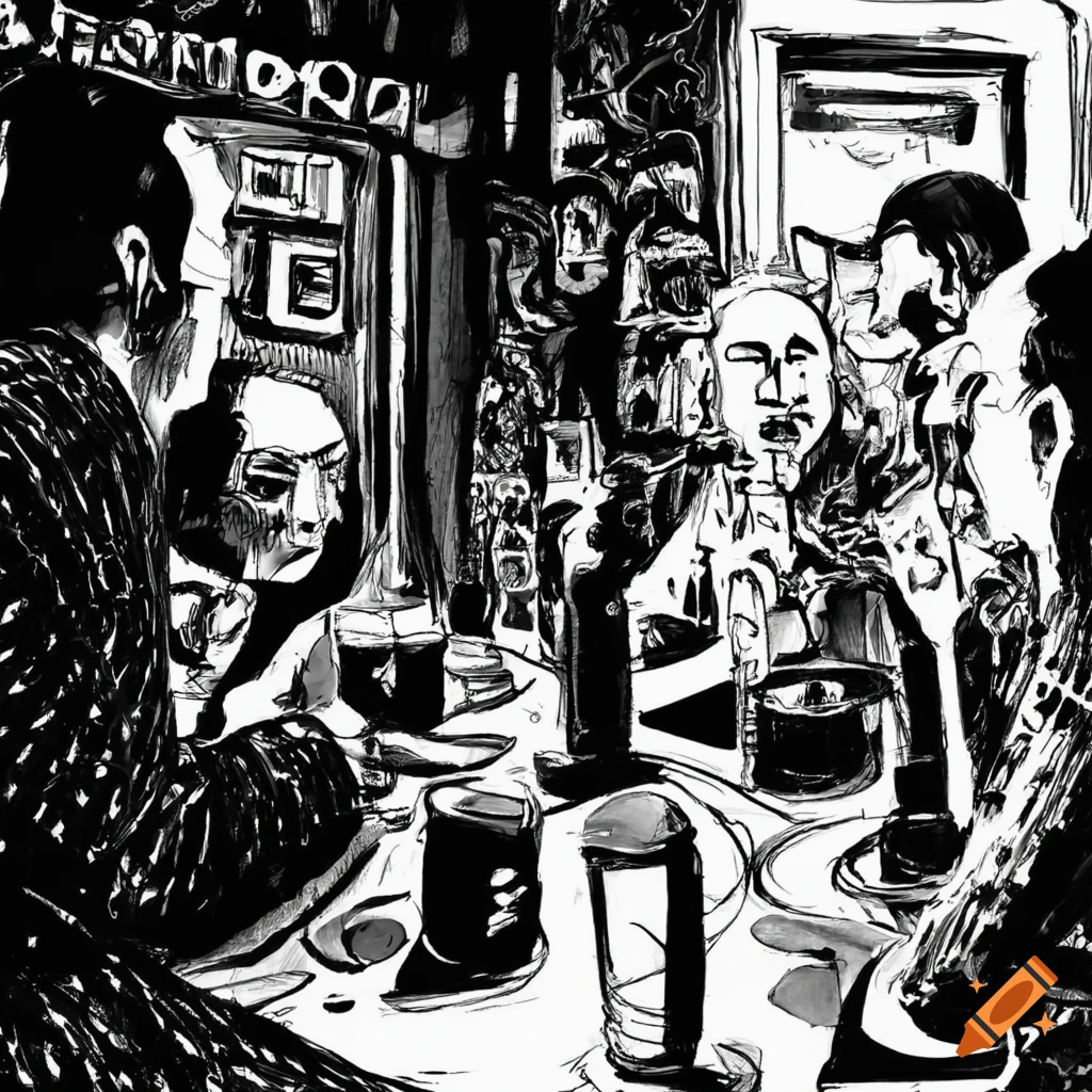 Abstract ink drawing of people in a vibrant irish pub scene on Craiyon