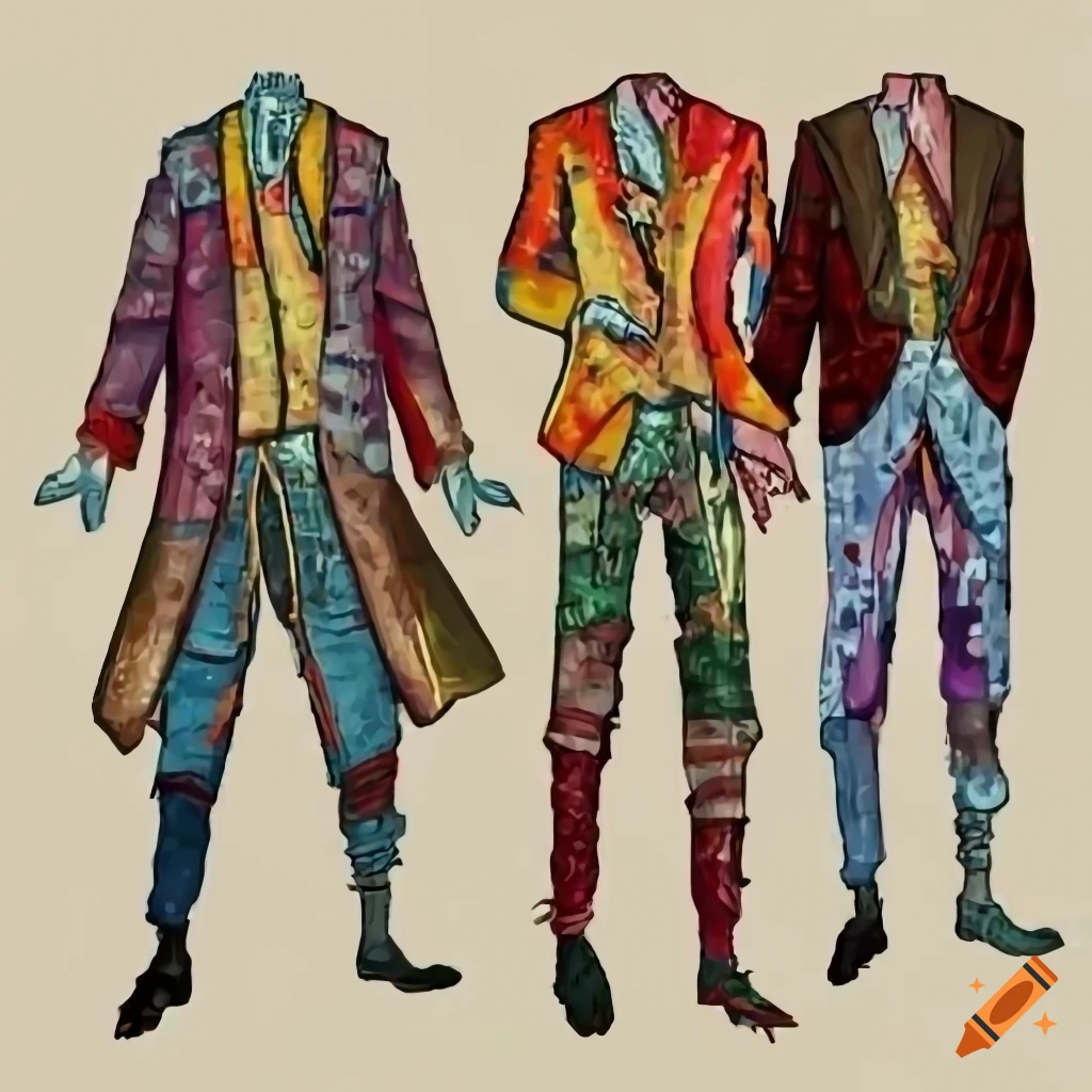 Male wearing colorful bard clothes in Disco Elysium art style on Craiyon