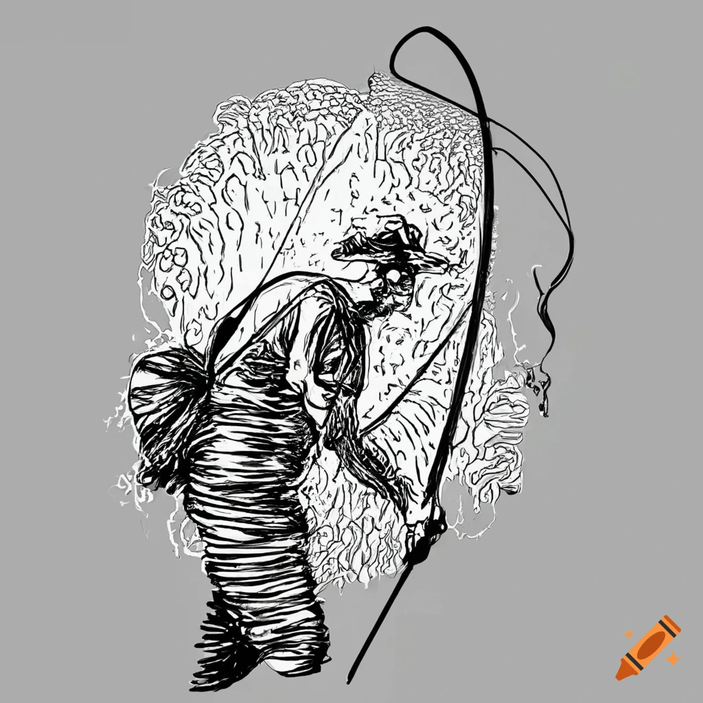Detailed 4k black ink line drawing of fly fisherman in rushing river on ...