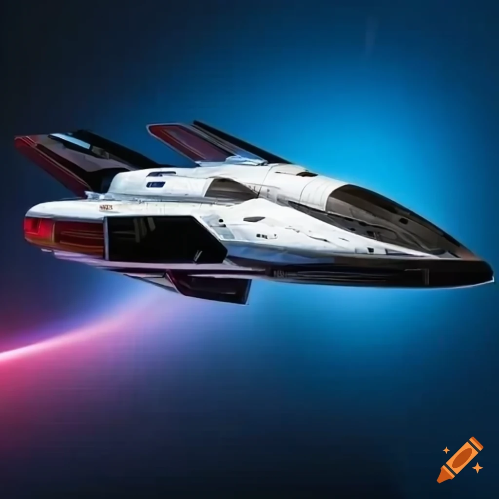 Detailed side view of futuristic Star Trek shuttlecraft flying in the ...