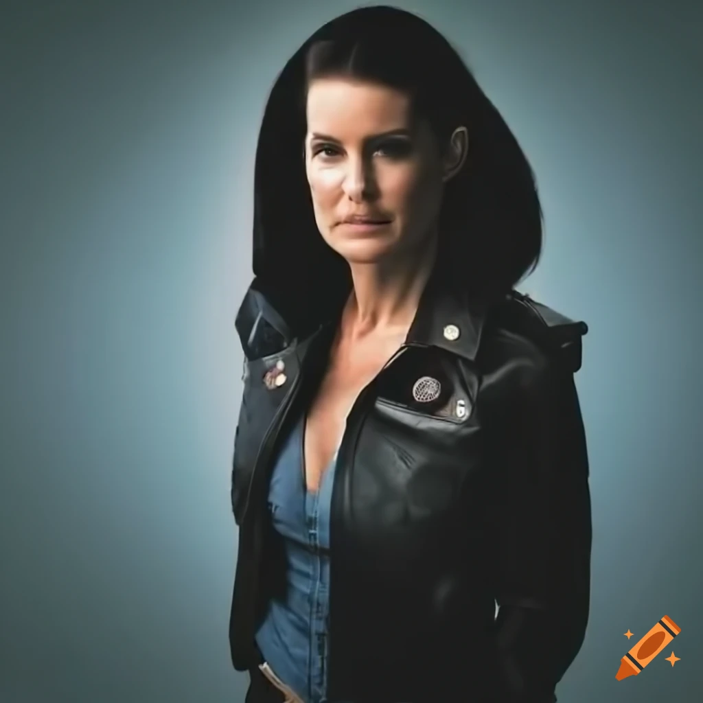 Young woman in outlaw biker style outfit standing in doorway on Craiyon