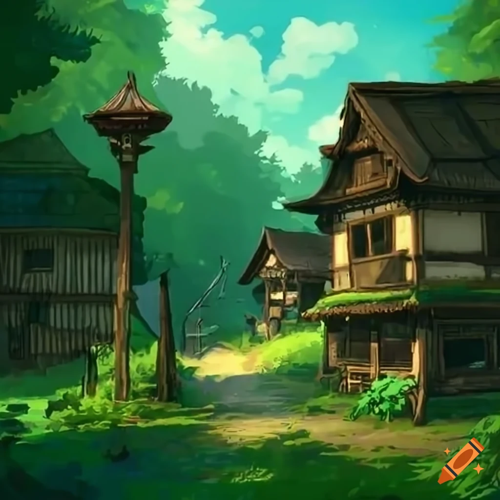 RPG forest village in a Studio Ghibli style with sunny and detailed ...