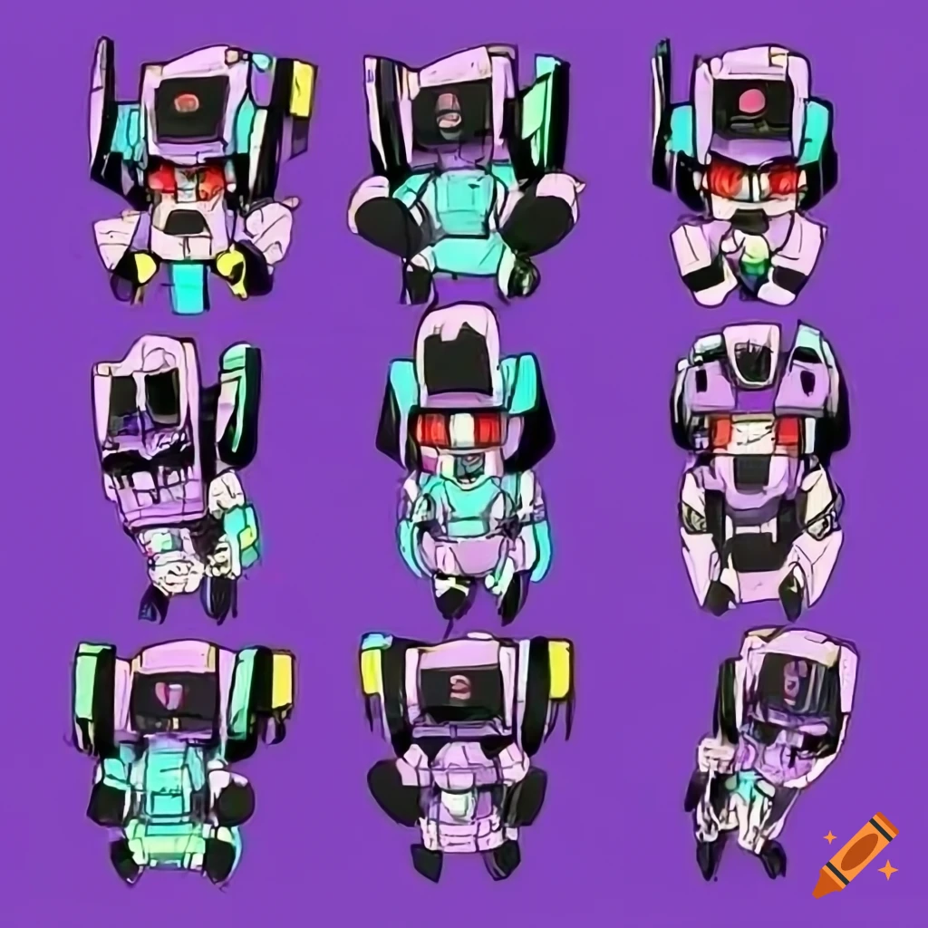 Chibi small Transformers purple, cyan, and black character reference ...