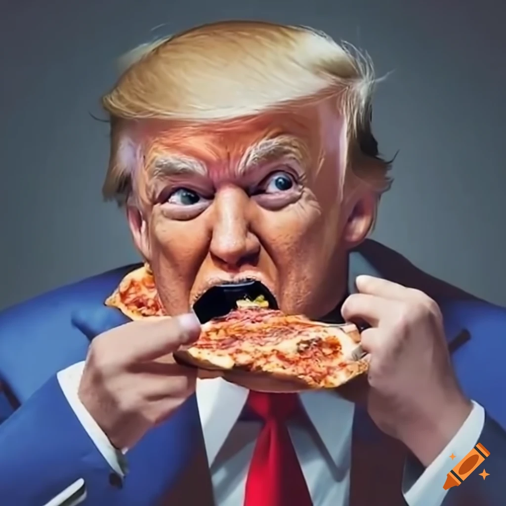 Donald Trump aka 'Donald Lunch' eating pizza intensively on Craiyon