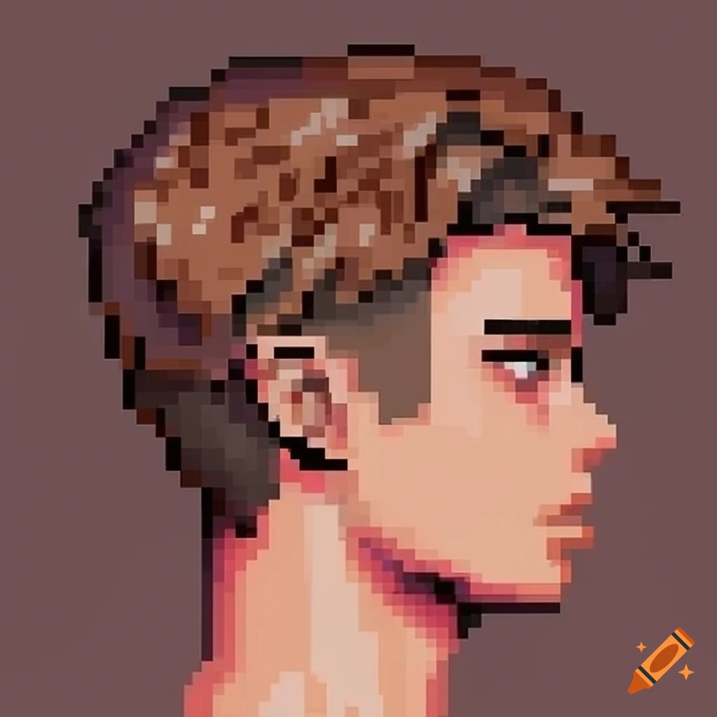 Pixel art of a guy with wavy short hair, big brown eyes, and light ...