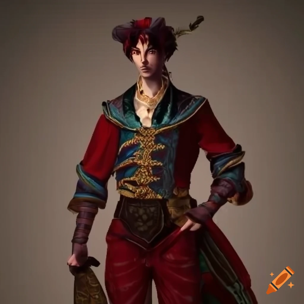 Male in colorful European style bard clothes with purple accents on Craiyon