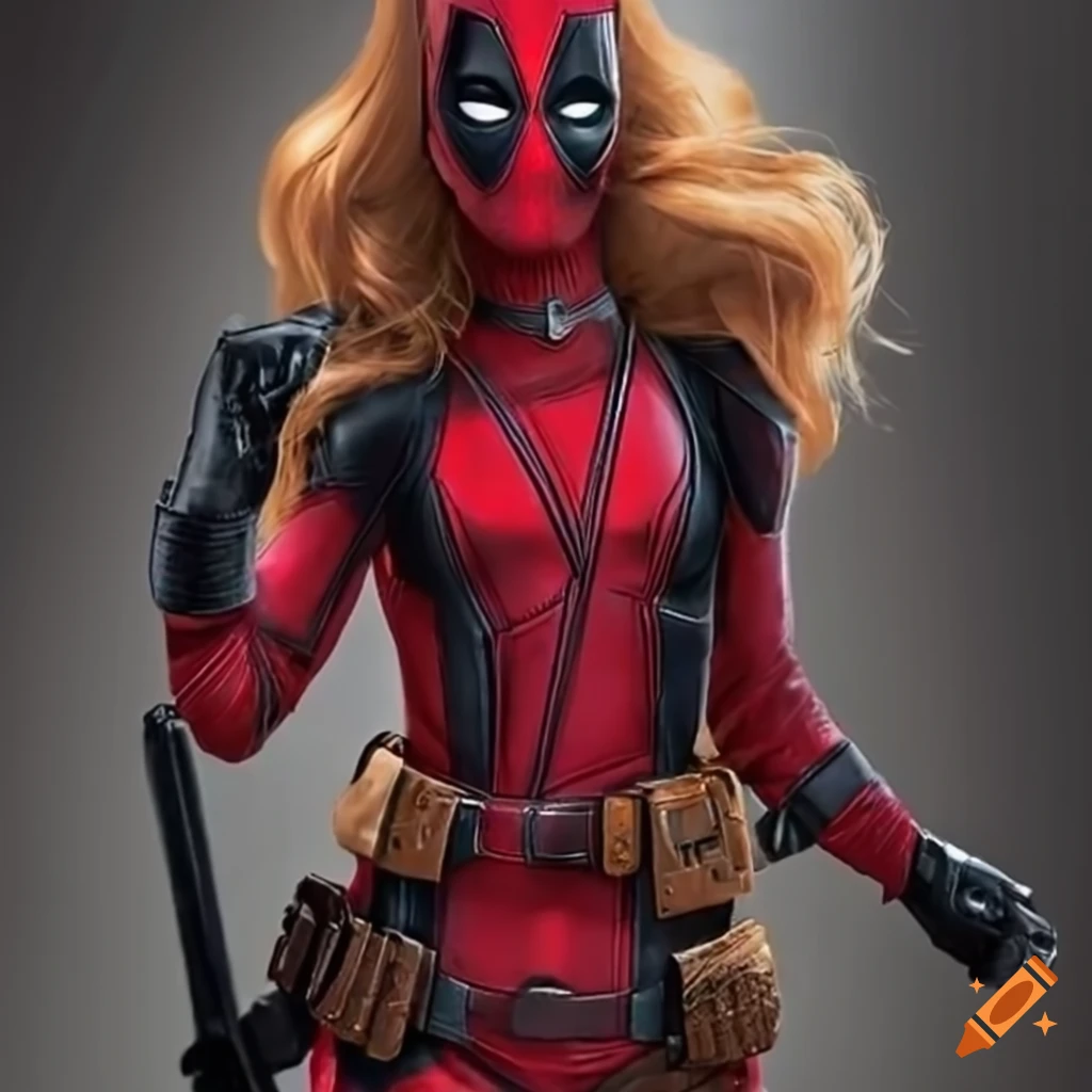 Cosplayer in wavy brown hair dressed as Deadpool on Craiyon