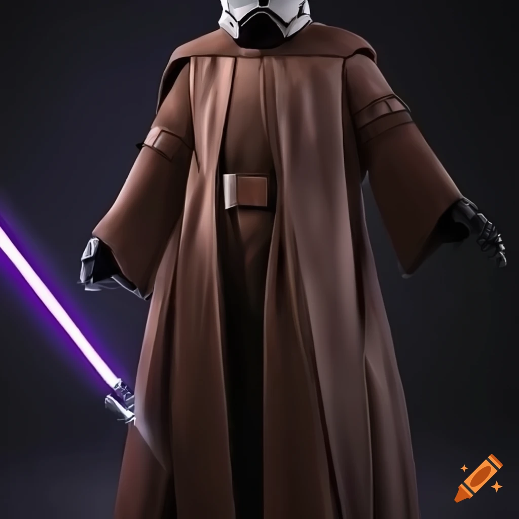 Jedi in brown robes with clone trooper armor and purple lightsaber on ...