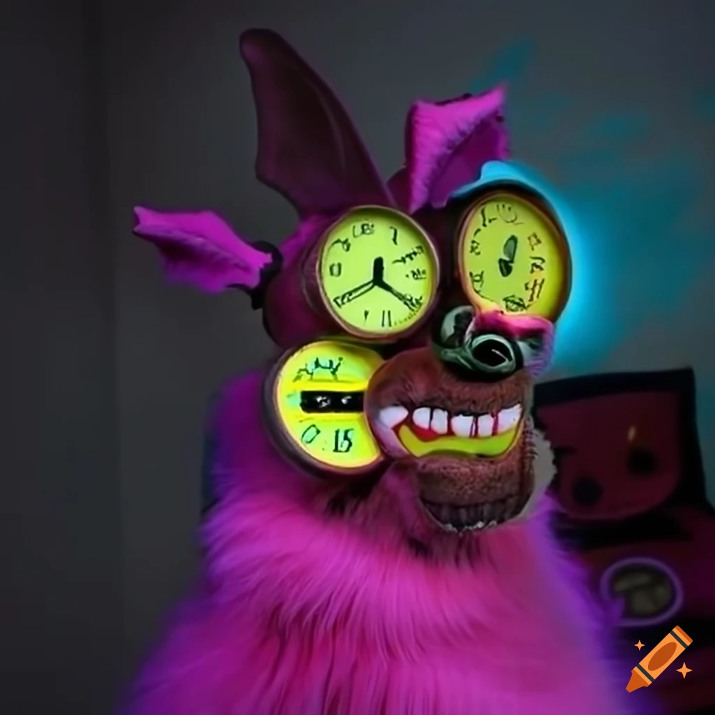 Vibrant full body shot of a cute dark pink bat with a yellow clock on ...