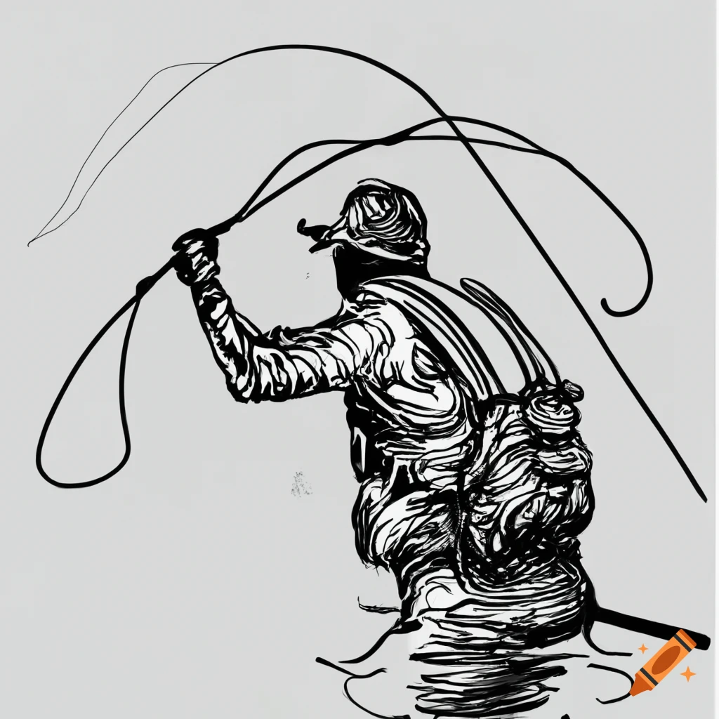 Detailed 4k black ink line drawing of fly fisherman in rushing river on ...