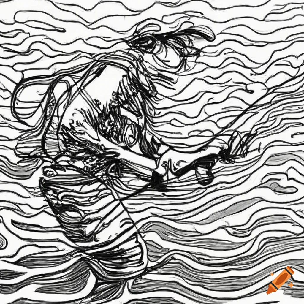 Detailed 4k black ink drawing of fly fisherman in a rushing river on ...