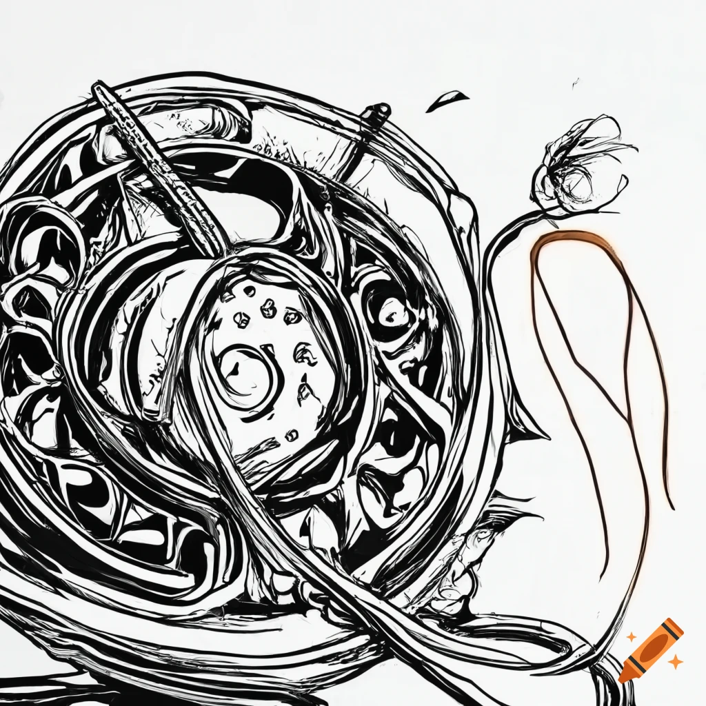 Detailed abstract black and white fly-fishing reel drawing with trout ...