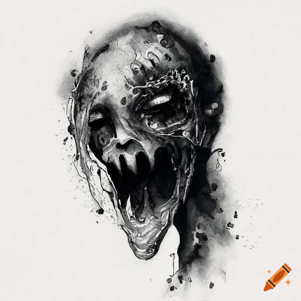 Intricate black and white ink drawing of a tormented ghost overwhelmed ...