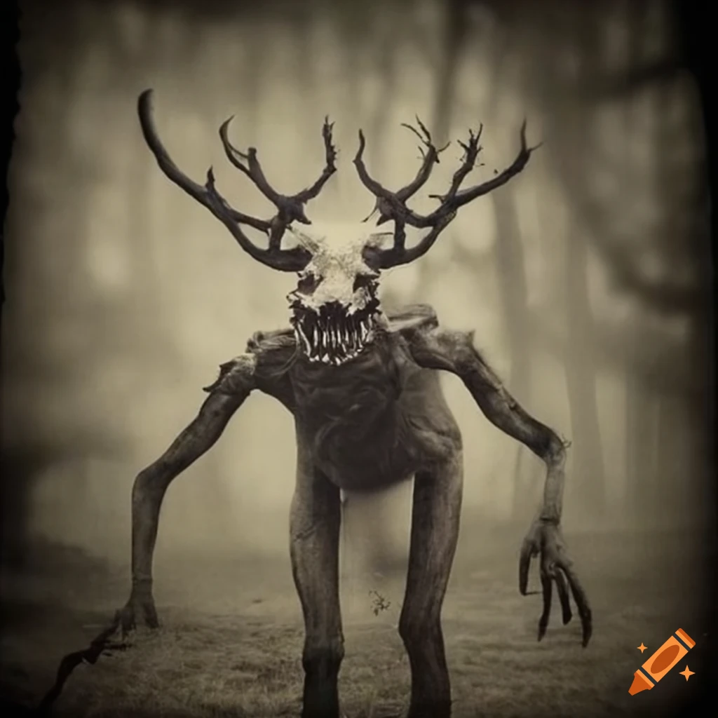 Creepy vintage photograph of a wendigo creature in a misty forest on ...