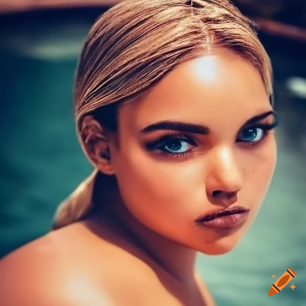 Curvy woman with brown skin and striking features at a luxury oasis resort on Craiyon