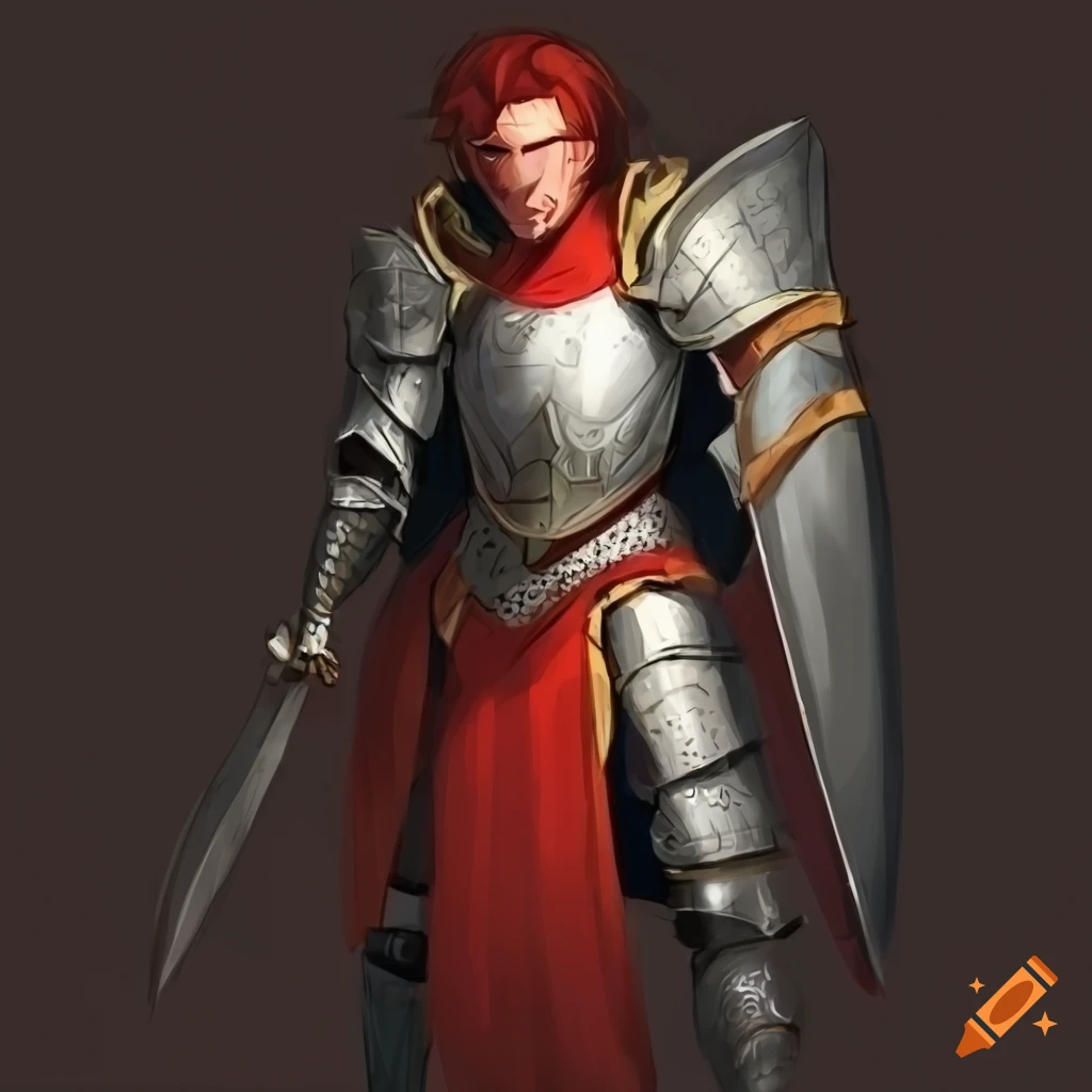 Red-haired paladin knight in shining armor with sword on Craiyon