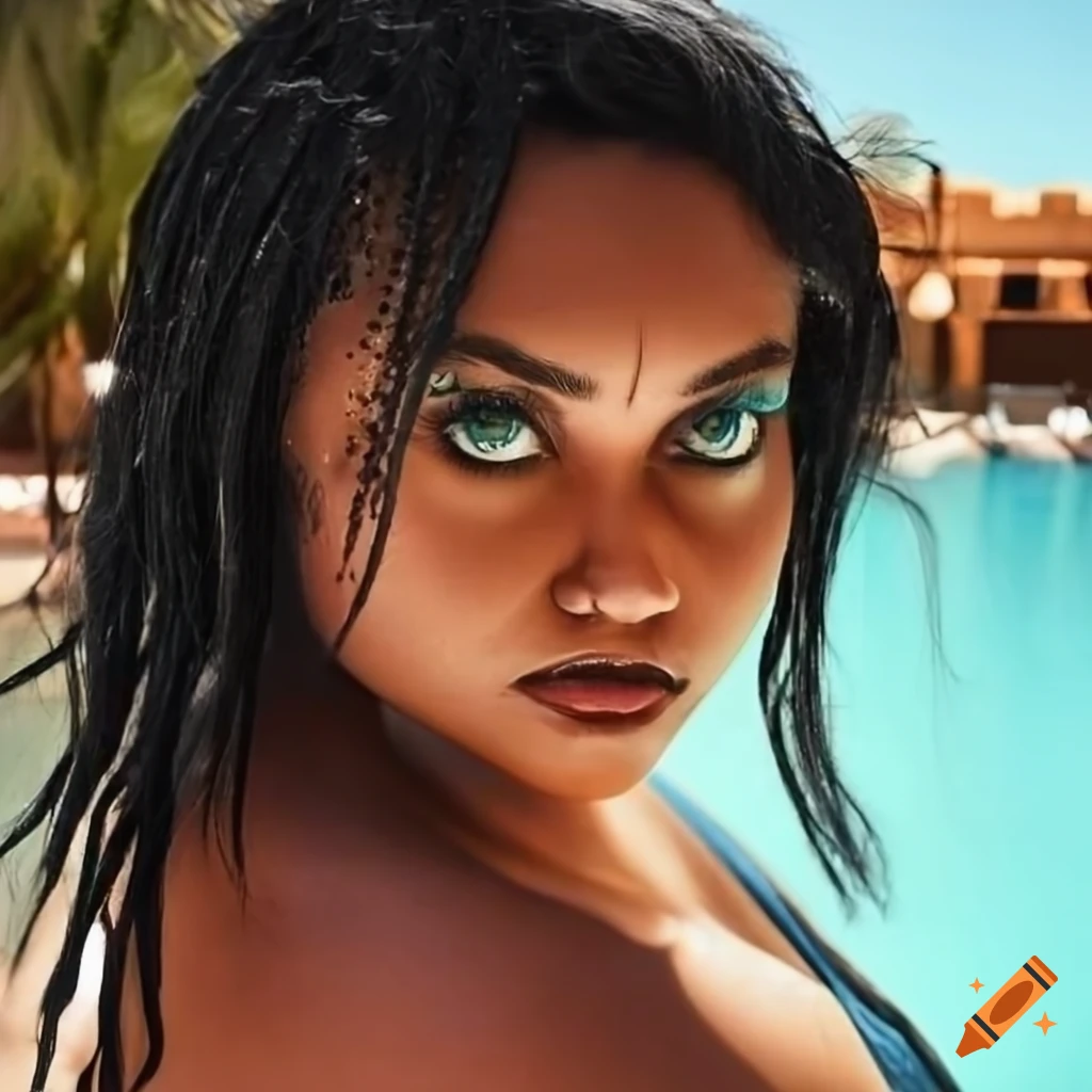 Curvy woman with brown skin and striking features at a luxury oasis ...