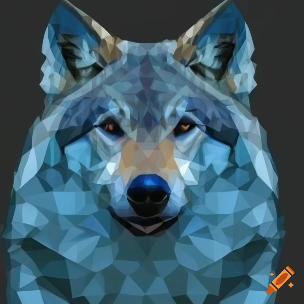Highly detailed low polygon wolf face in shades of blue on Craiyon