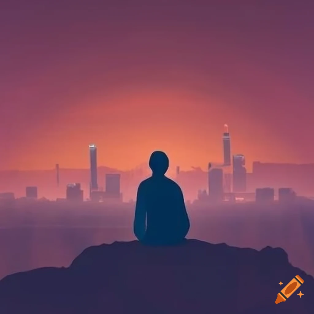 Mystery figure sitting on sharp cliff overlooking city in desert on Craiyon