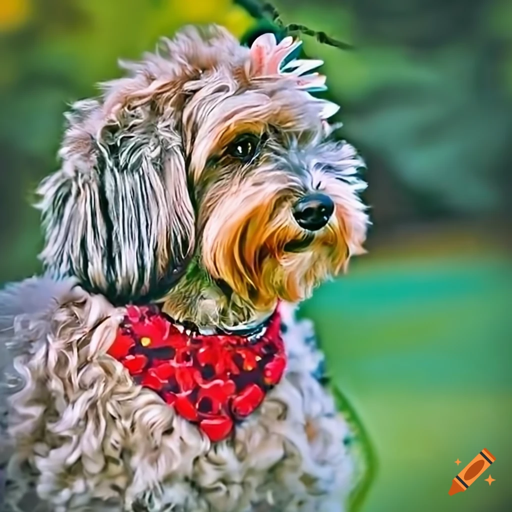 Joyful schnoodle dog named Mr. Nibs with cream and caramel fur on Craiyon