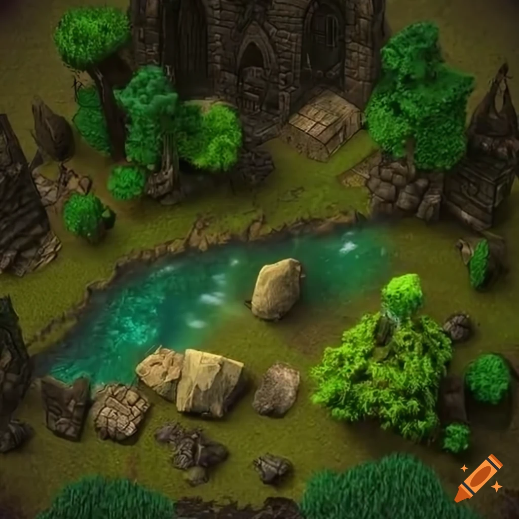 Fantasy rpg jungle ruins with moss-covered stone formations and flowing water on Craiyon