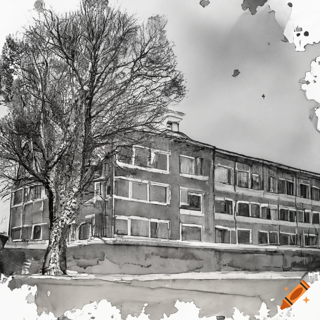 Wide shot of a two-story school building with a basketball court and ...