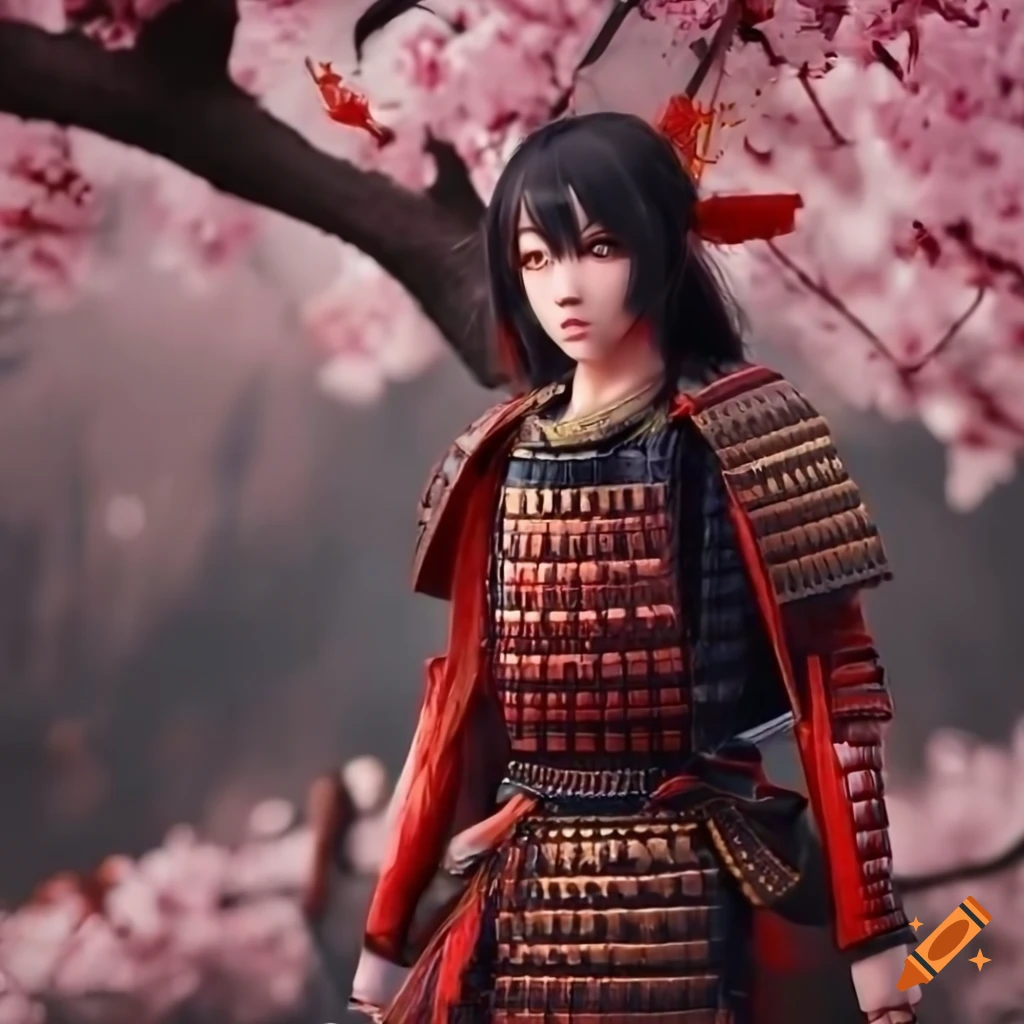 Female samurai with damaged armor standing under cherry blossom tree at ...
