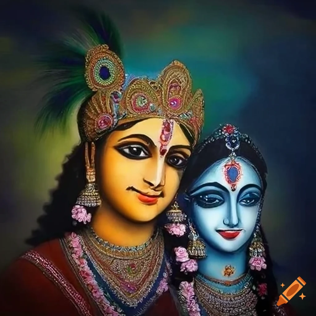 Divine and serene scene of Lord Krishna and Radha in a mystical forest ...