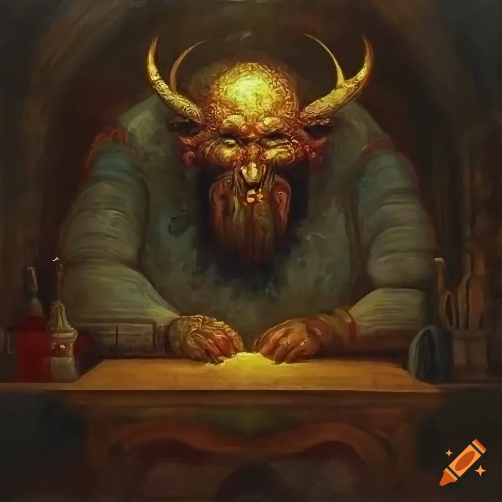 Fat demon with symmetrical horns and long beard in a holy chapel ...