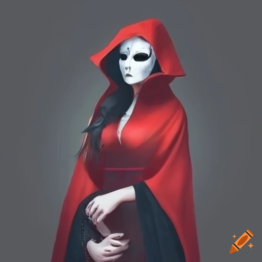 Mysterious woman in red cloak and white mask with black hair and pale ...