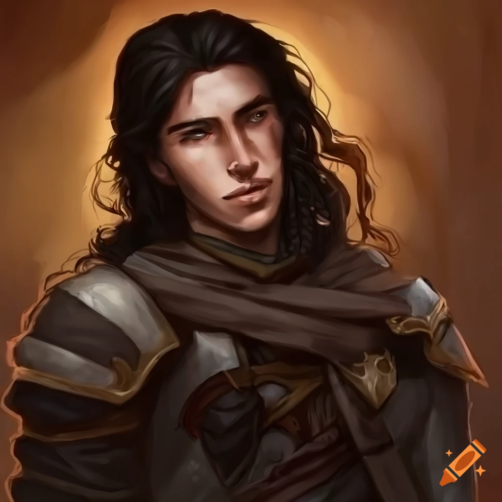 Portrait of a male handsome half-elf fighter with black tousled hair ...