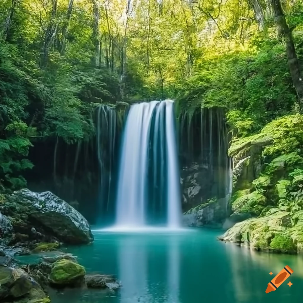 Hyper-realistic photo of a fantasy waterfall with analog lighting on ...