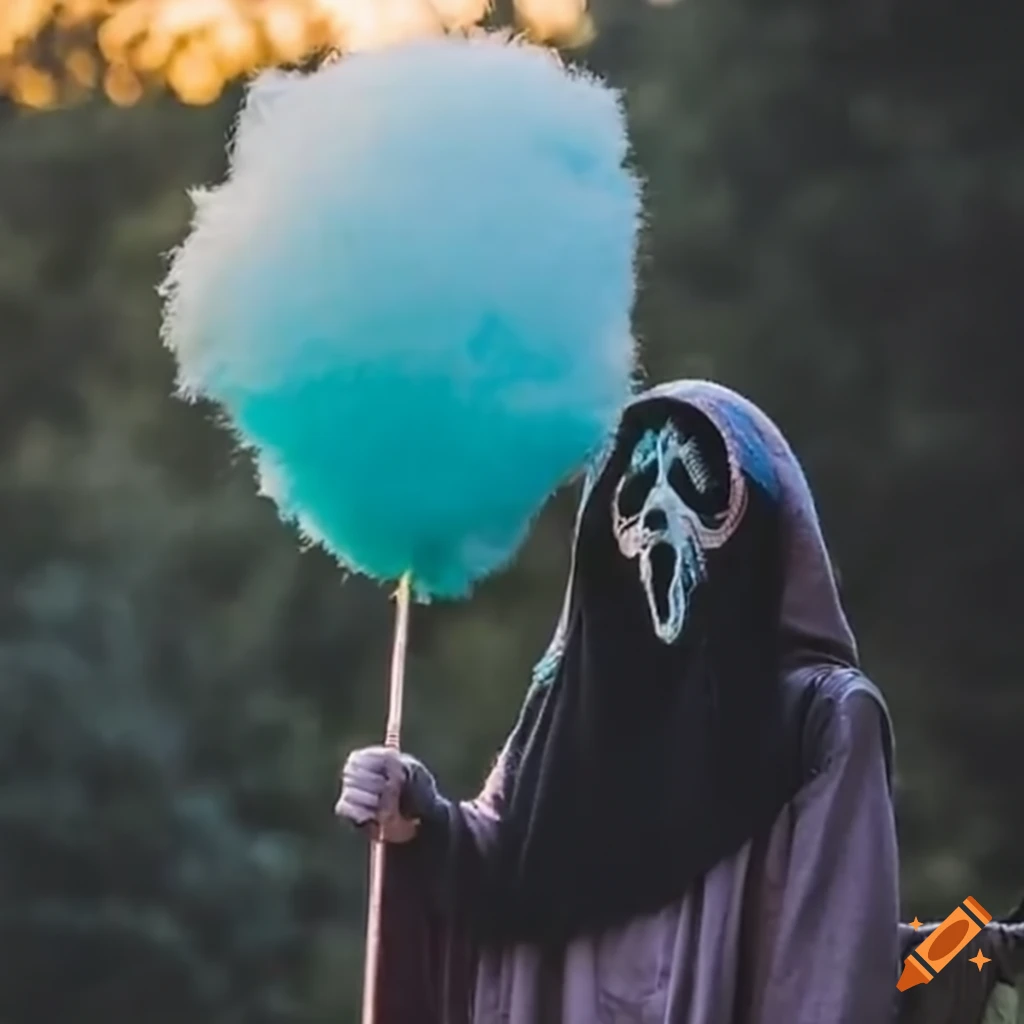 Ghostface holding cotton candy in a bouncy castle on Craiyon