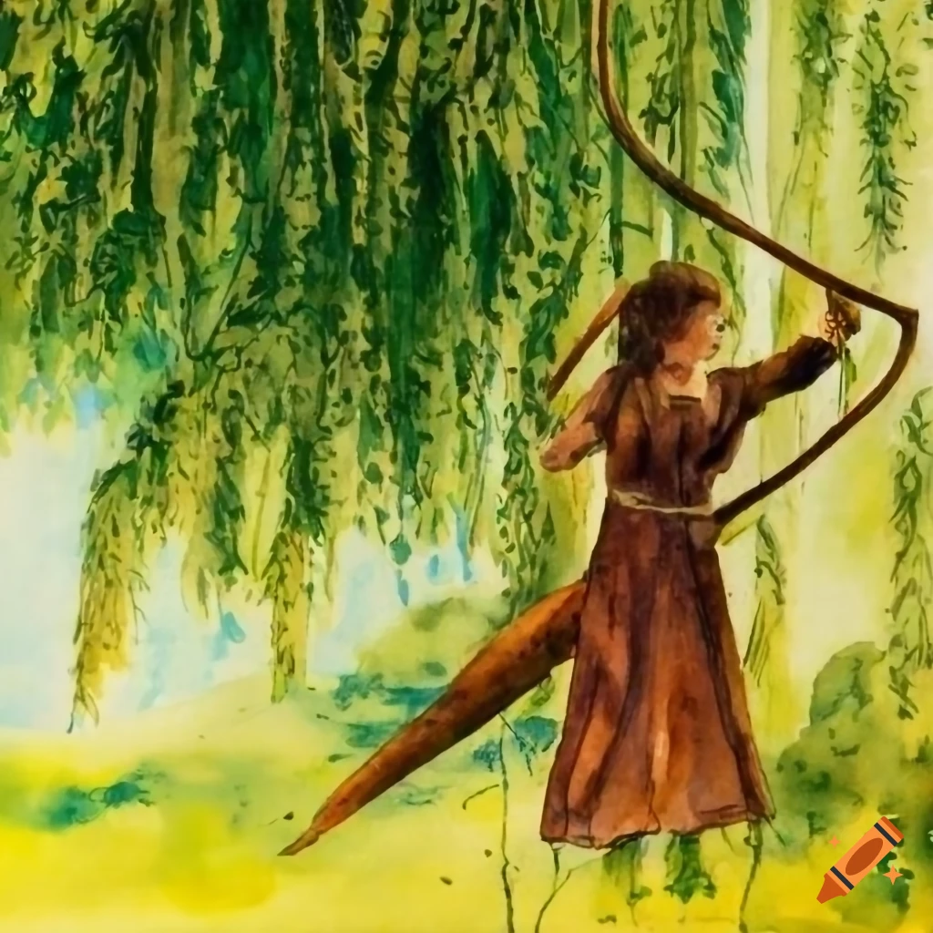 Archer's bow and quiver by a weeping willow tree on Craiyon
