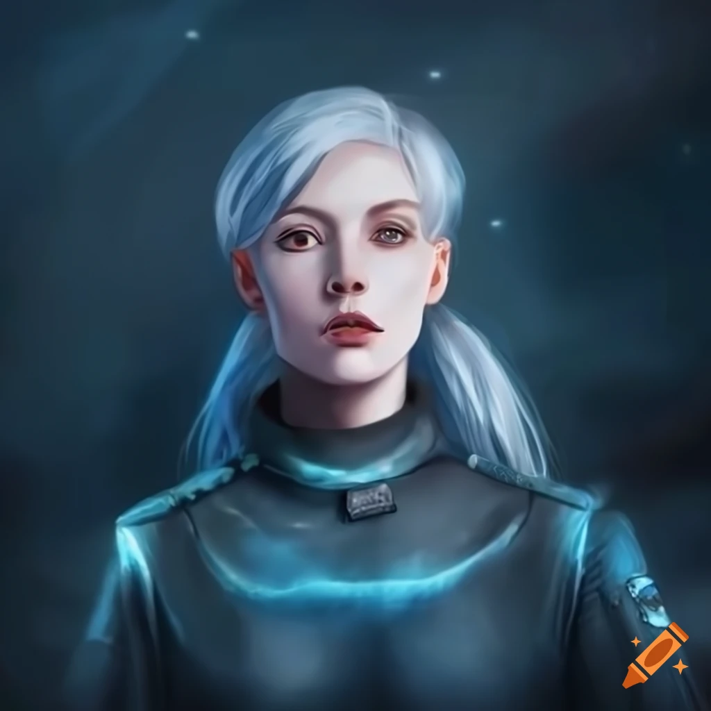 Female space naval officer in a bioluminescent cave on Craiyon