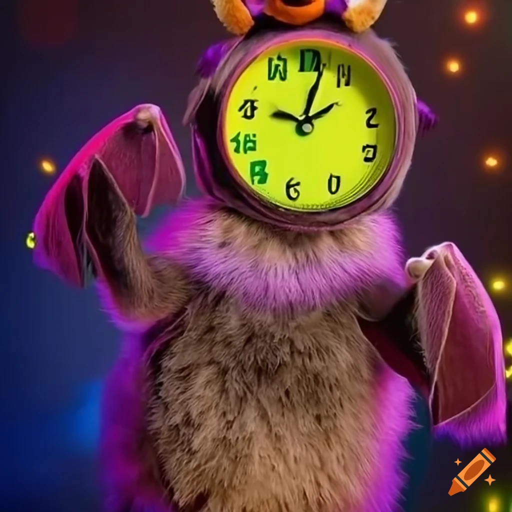 Adorable dark pink bat animatronic with a yellow clock on belly and ...