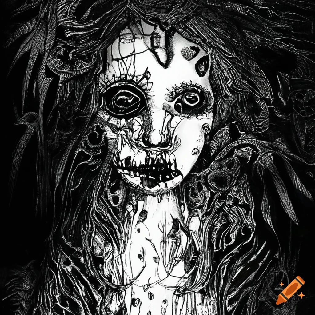 Intricate black and white ink drawing of a tormented ghost overwhelmed ...