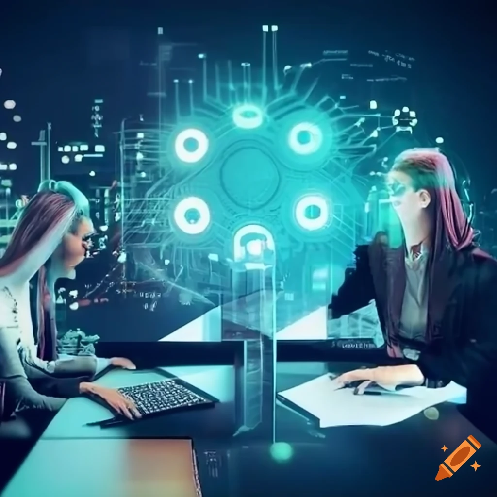 Modern office with marketing professionals using traditional and ai ...