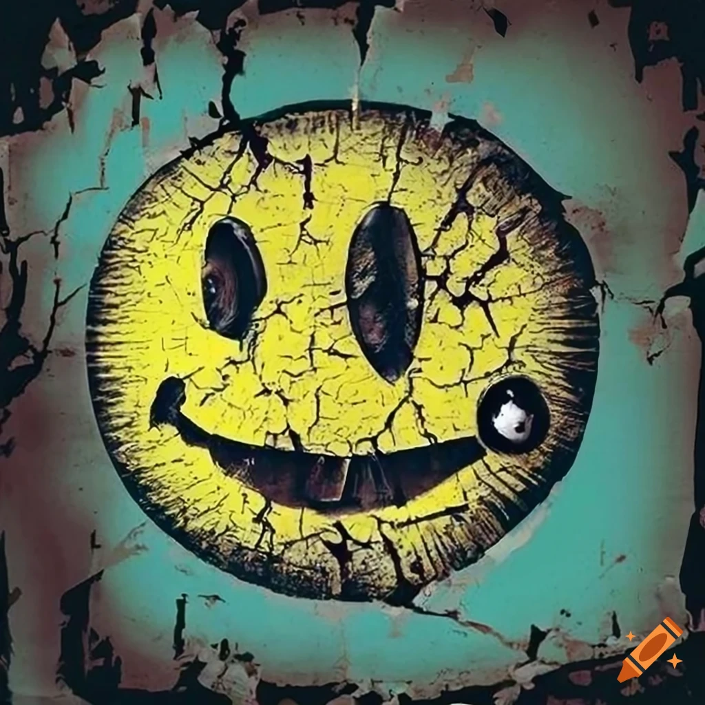 Distressed grunge-style yellow smiley face with black crosses for eyes ...